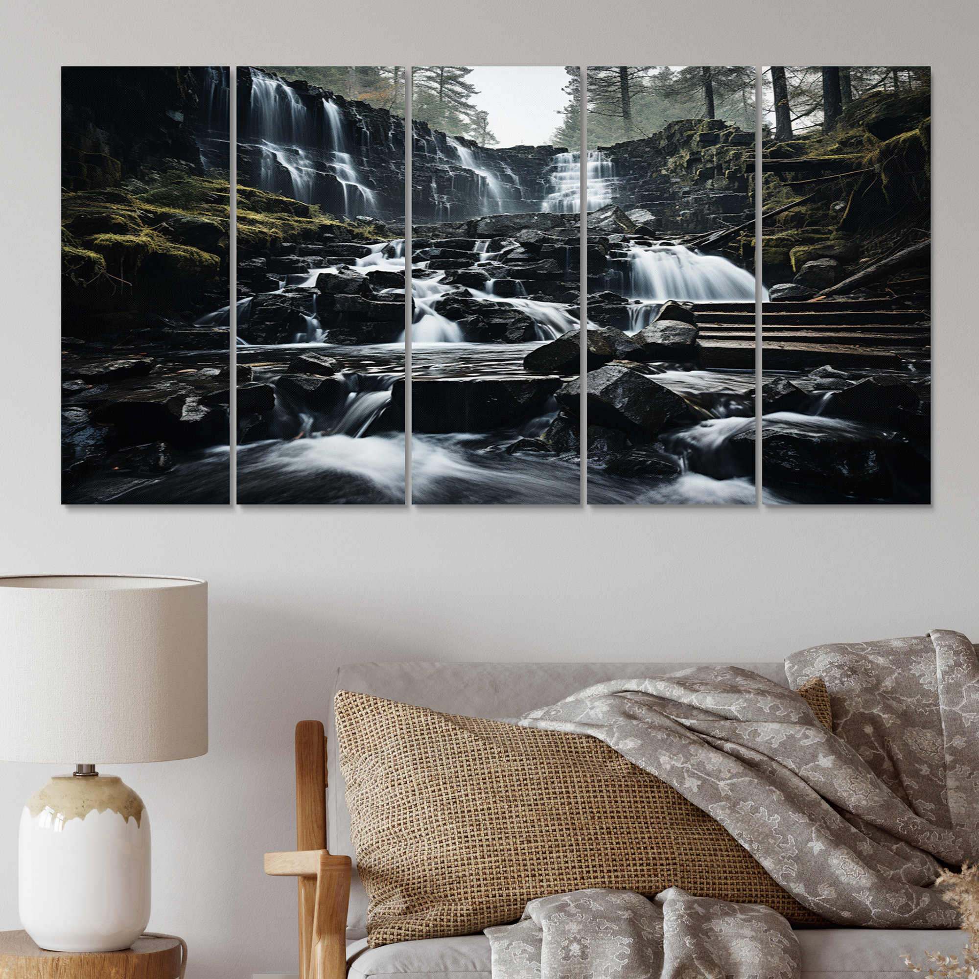 Loon Peak® Monochrome Waterfall Cascading Harmony I - Landscapes Metal Wall Art Living Room Set ...